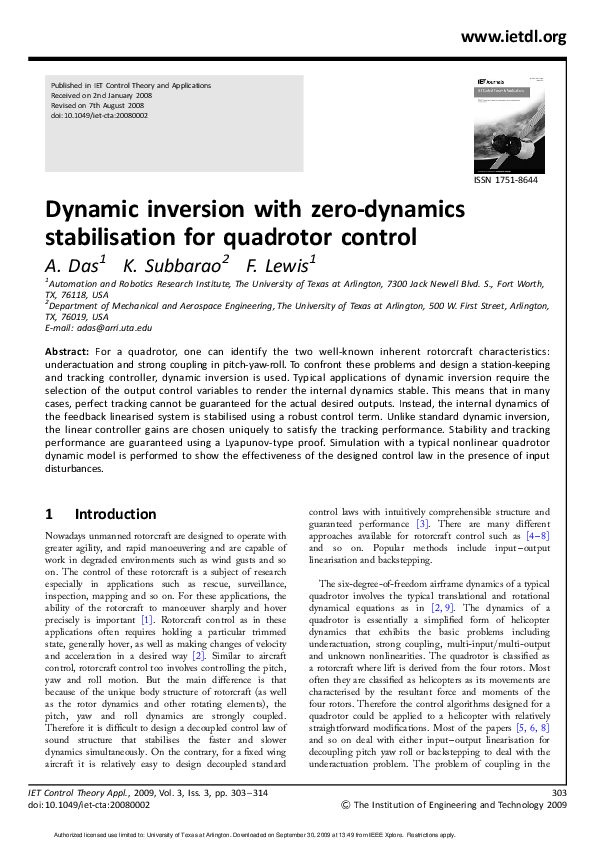 (PDF) Dynamic inversion with zero-dynamics stabilisation for quadrotor control