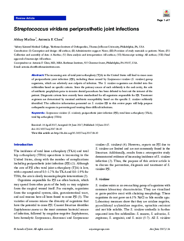 (PDF) Streptococcus viridans periprosthetic joint infections