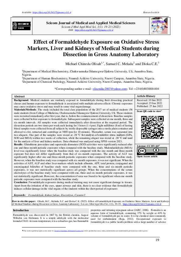 (PDF) Effect of Formaldehyde Exposure on Oxidative Stress Markers ...