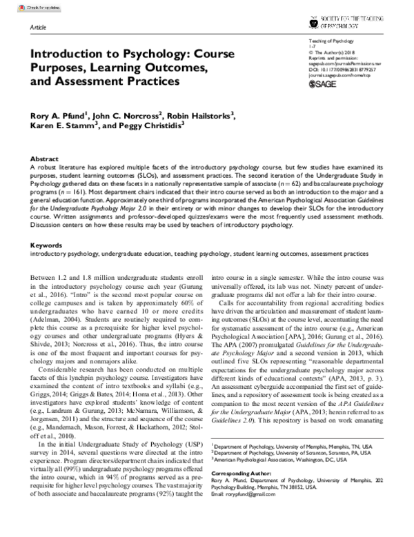 (PDF) Introduction to Psychology: Course Purposes, Learning Outcomes ...