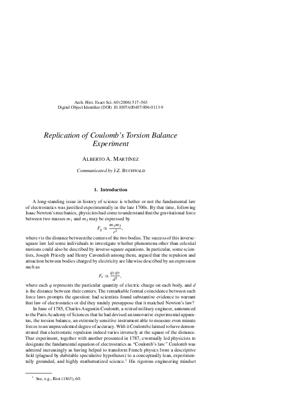 (PDF) Replication of Coulomb's Torsion Balance Experiment