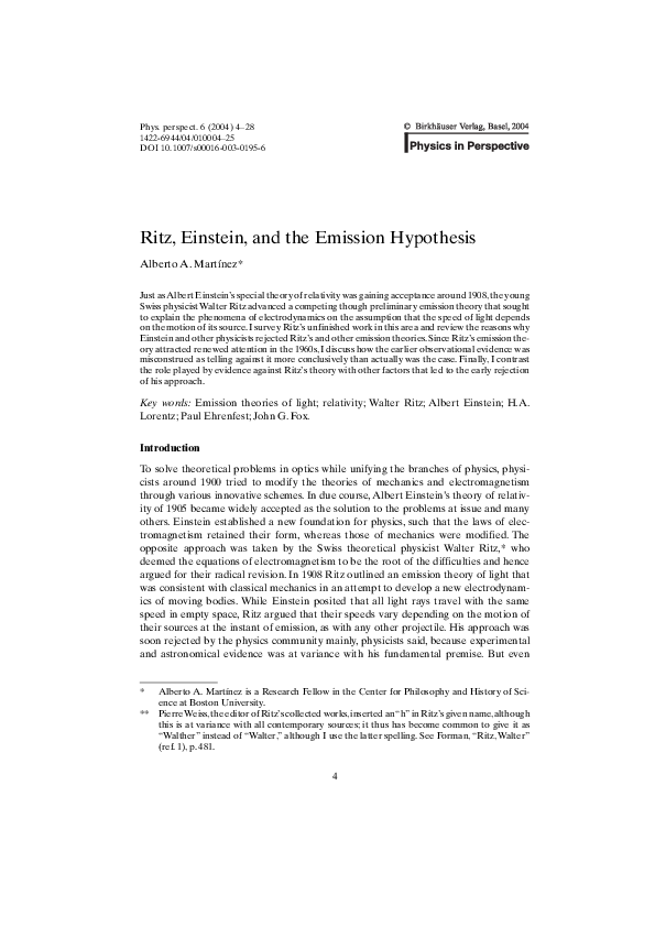 (PDF) Ritz, Einstein, and the Emission Hypothesis