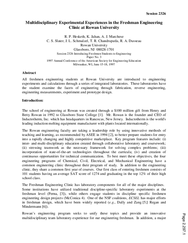 (PDF) Multidisciplinary experimental experiences in the Freshman Engineering Clinic at Rowan ...