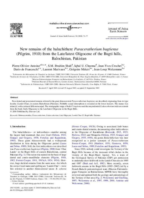 (PDF) New remains of the baluchithere Paraceratherium bugtiense ...