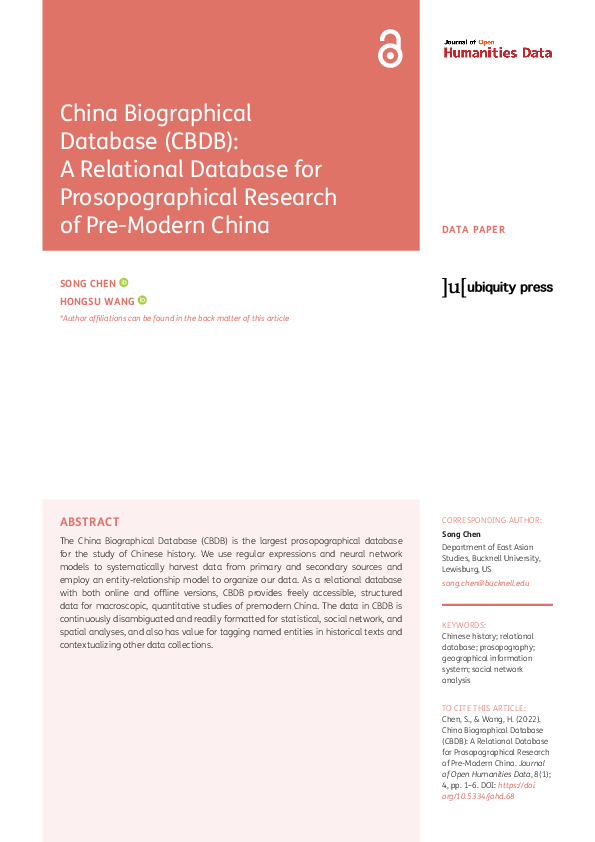 (PDF) China Biographical Database (CBDB): A Relational Database for Prosopographical Research of ...
