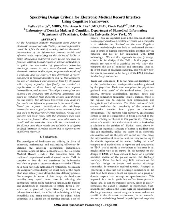 (PDF) Specifying design criteria for electronic medical record interface using cognitive framework