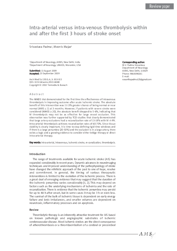 (PDF) Intra-arterial versus intra-venous thrombolysis within and after ...