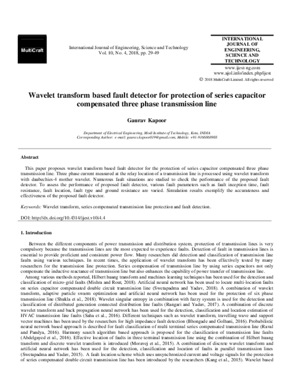 Pdf Wavelet Transform Based Fault Detector For Protection Of Series