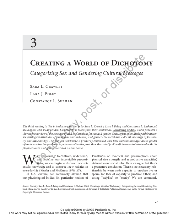 (PDF) READING 3 CREATING A WORLD OF DICHOTOMY Categorizing Sex and Gendering Cultural Messages