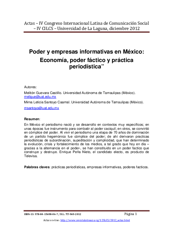 (PDF) Poder y empresas informativas en México: Economía, poder fáctico ...