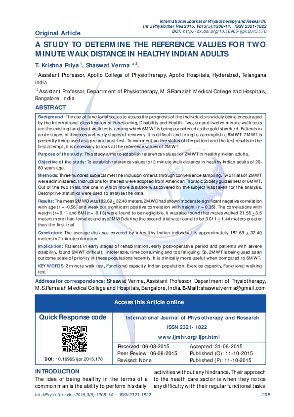 (PDF) A Study to Determine the Reference Values for Two Minute Walk ...