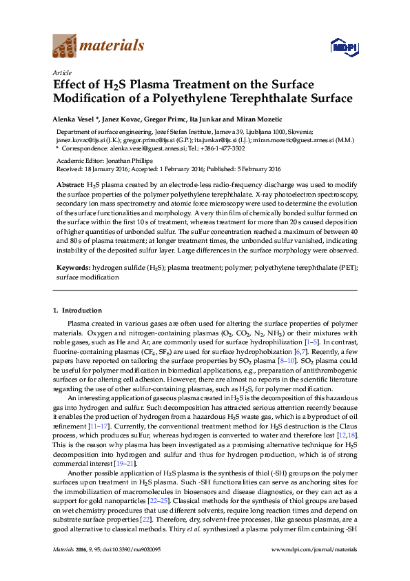 (PDF) Effect of H2S Plasma Treatment on the Surface Modification of a ...