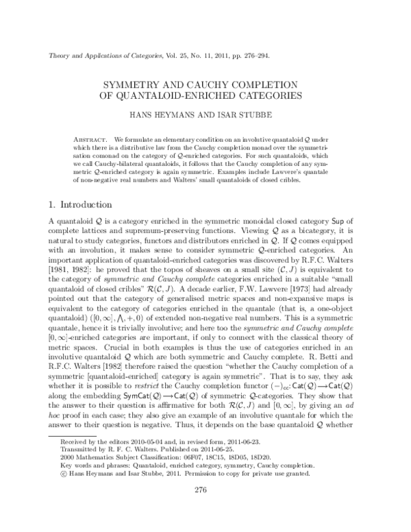 (PDF) Symmetry and Cauchy Completion of Quantaloid-Enriched Categories