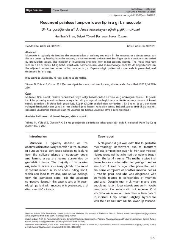 (PDF) Recurrent painless lump on lower lip in a girl; mucocele | Selcuk ...