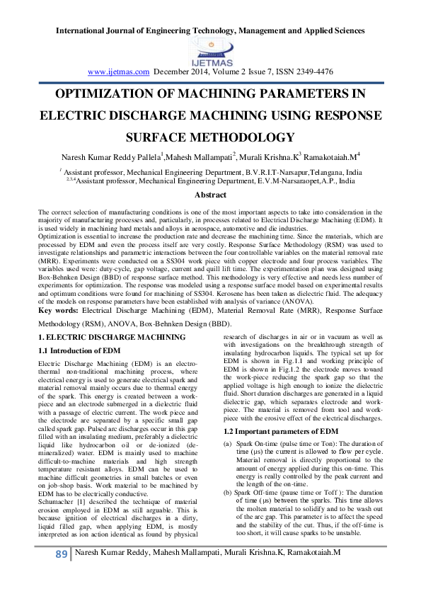 (PDF) Optimization of Machining Parameters in Electric Discharge Machining Using Response ...