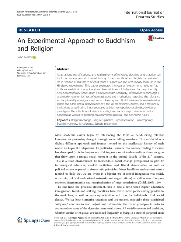 (PDF) An Experimental Approach to Buddhism and Religion