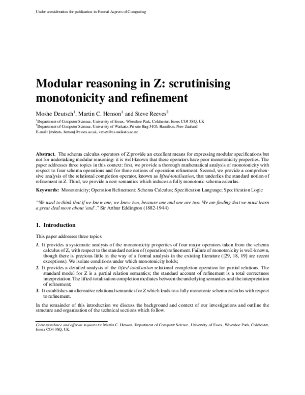 (PDF) Modular reasoning in Z: scrutinising monotonicity and refinement