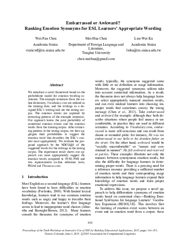 (PDF) Embarrassed or Awkward? Ranking Emotion Synonyms for ESL Learners ...
