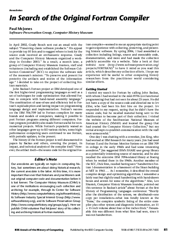 (PDF) In Search of the Original Fortran Compiler