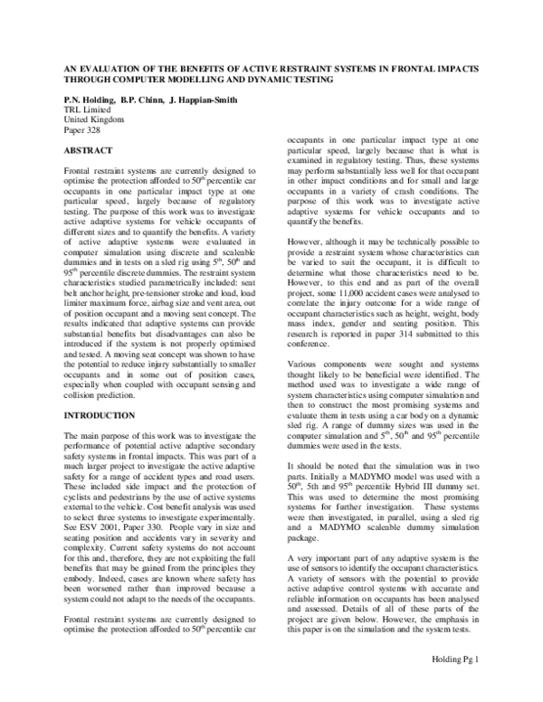 (PDF) An evaluation of the benefits of active restraint systems in ...