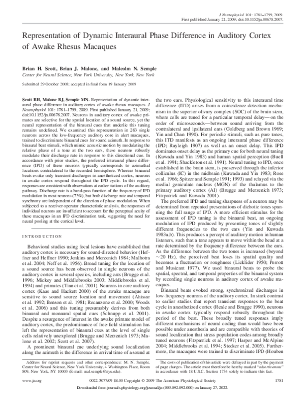 (PDF) Representation of Dynamic Interaural Phase Difference in Auditory Cortex of Awake Rhesus ...