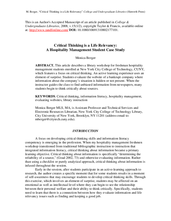 (PDF) Critical Thinking is a Life Relevancy: A Hospitality Management ...