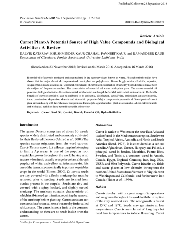 (PDF) Carrot Plant-A Potential Source of High Value Compounds and ...