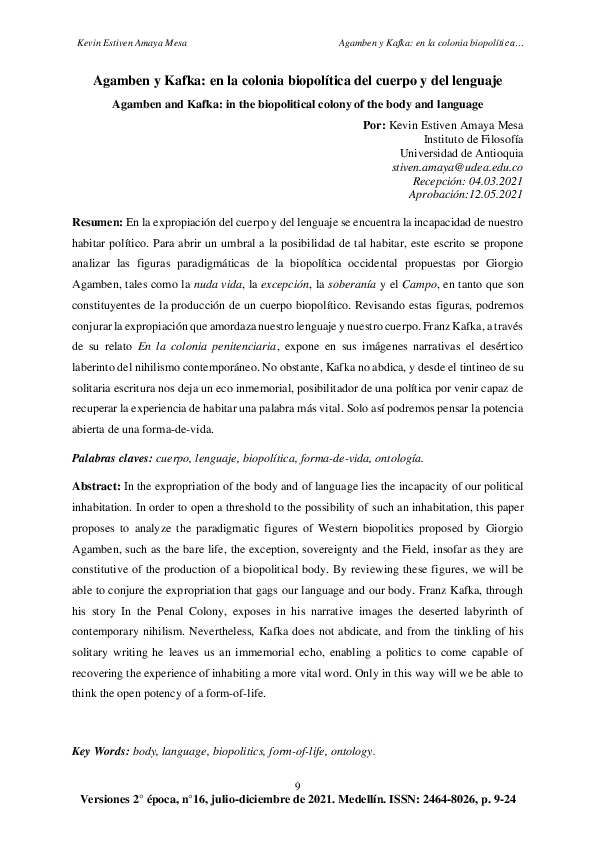 (PDF) Agamben y Kafka: en la colonia biopolítica del cuerpo y el ...