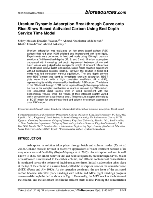 (PDF) Uranium Dynamic Adsorption Breakthrough Curve onto Rice Straw ...