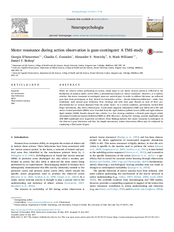 (PDF) Motor resonance during action observation is gaze-contingent: A ...