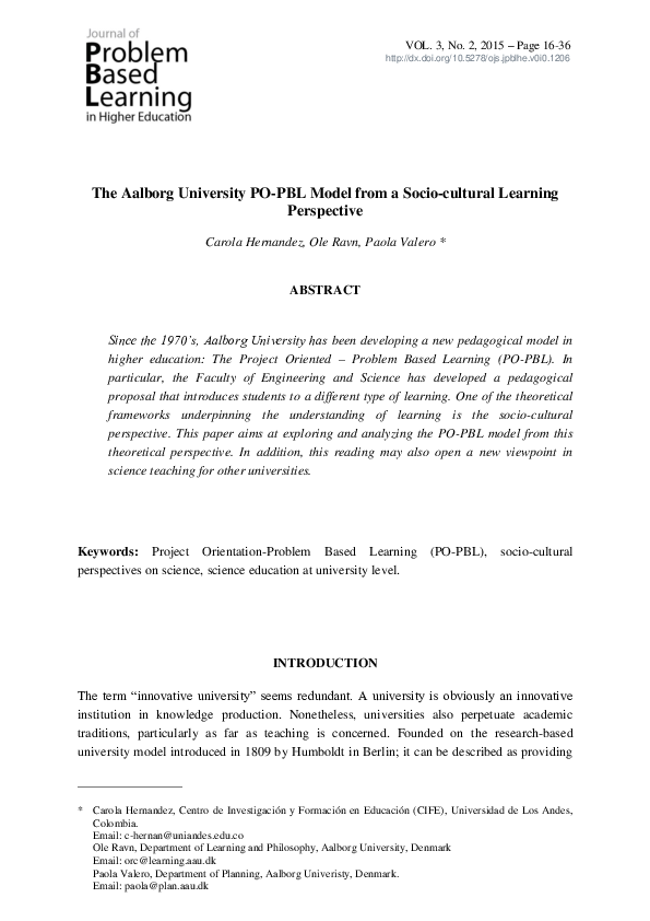(PDF) The Aalborg University PO-PBL Model from a Socio-cultural ...