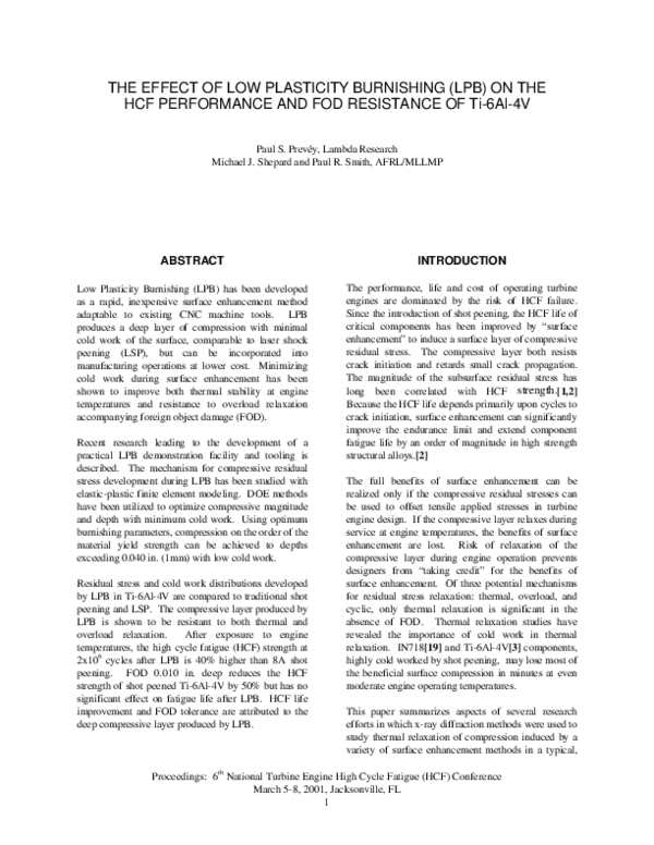 (PDF) The Effect of Low Plasticity Burnishing (LPB) on the HCF Performance and FOD Resistance of ...