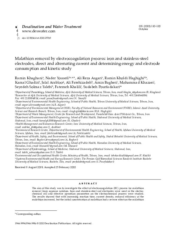 (PDF) Malathion removal by electrocoagulation process: iron and ...