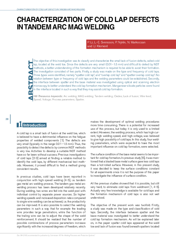 (PDF) Characterization Of Cold Lap Defects In Tandem Arc Mag Welding