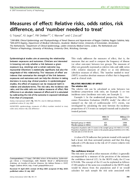 (PDF) Measures of effect: relative risks, odds ratios, risk difference ...