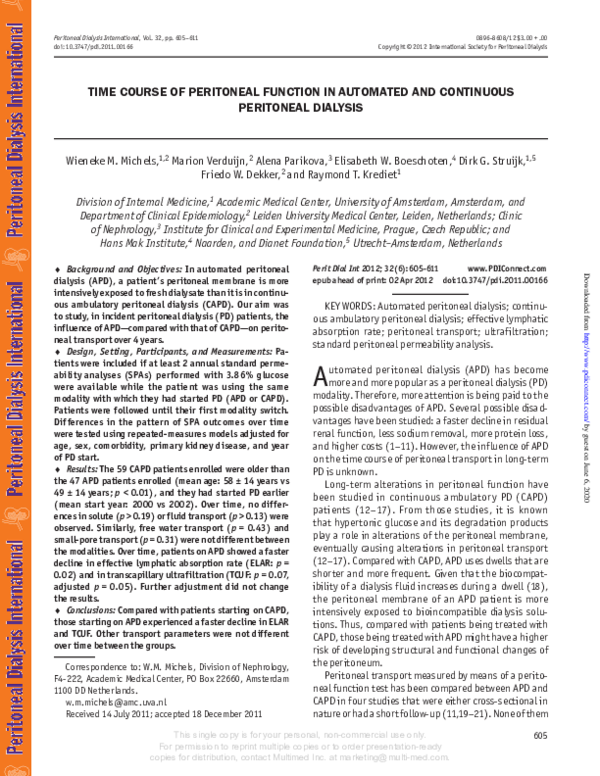 (PDF) Advances in the Technology of Automated, Tidal, and Continuous Flow Peritoneal Dialysis ...