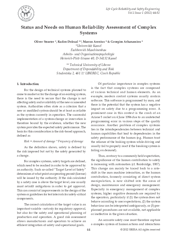 (PDF) Status and needs on Human Reliability Assessment of complex systems