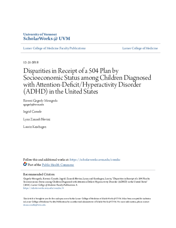 (PDF) Disparities in Receipt of a 504 Plan by Socioeconomic Status among Children Diagnosed with ...