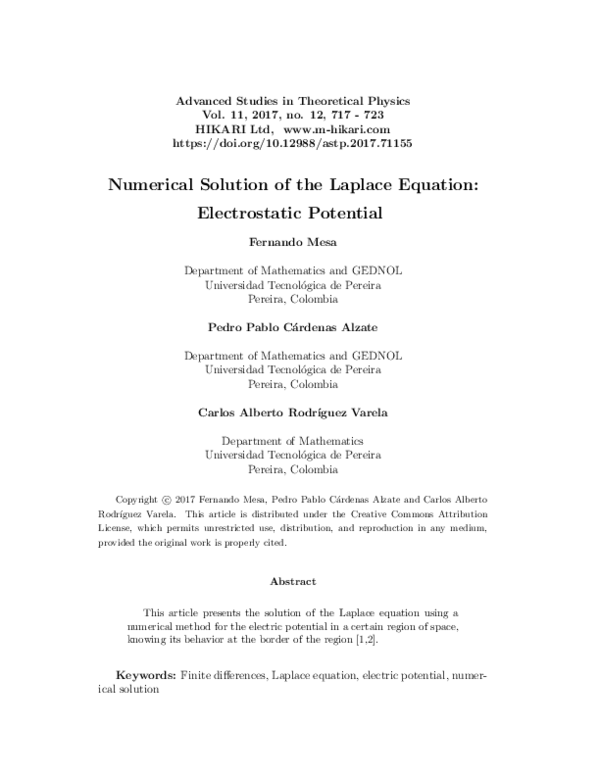 (PDF) Numerical solution of the Laplace equation: electrostatic potential