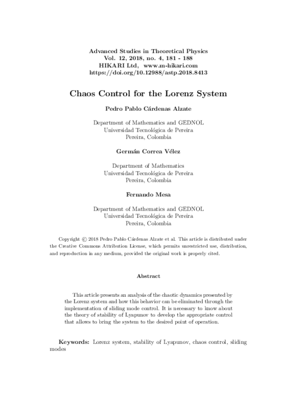 (PDF) Chaos control for the Lorenz system