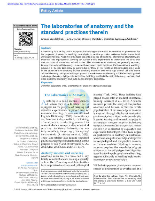 (PDF) The laboratories of anatomy and the standard practices therein
