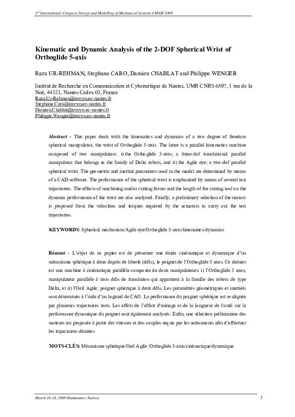 Pdf Kinematic And Dynamic Analysis Of The 2 Dof Spherical Wrist Of