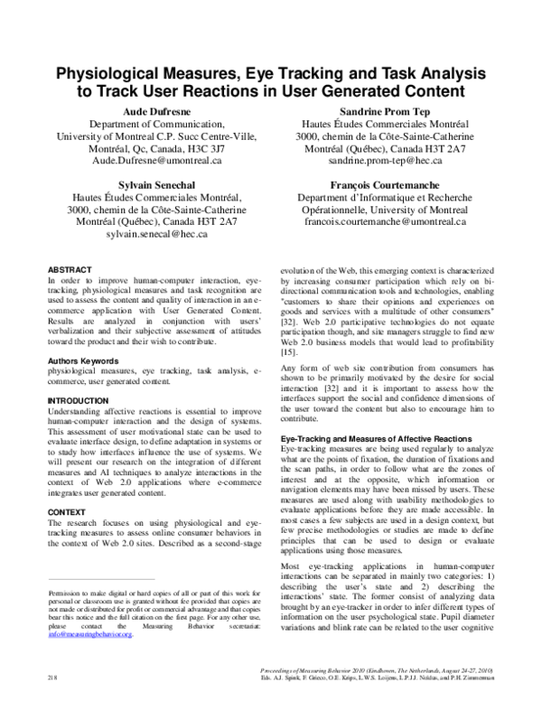 (PDF) Physiological Measures, Eye Tracking and Task Analysis to Track User Reactions in Ugc