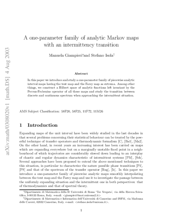 (PDF) A one-parameter family of analytic Markov interval maps with an intermittency transition