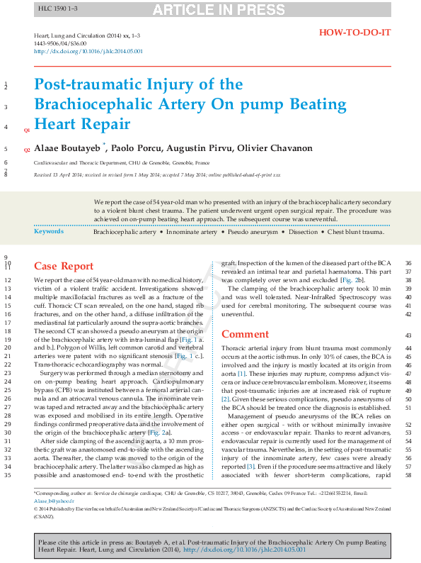 (PDF) Post-traumatic Injury of the Brachiocephalic Artery: On-pump ...