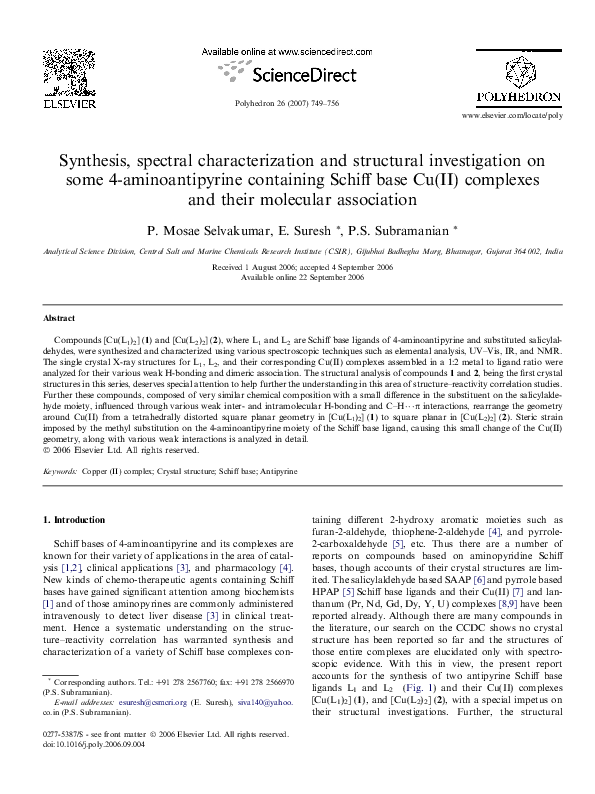 (PDF) Synthesis, spectral characterization and structural investigation on some 4 ...