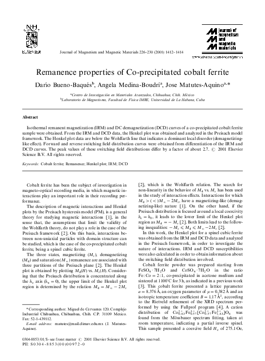 (PDF) Remanence properties of Co-precipitated cobalt ferrite