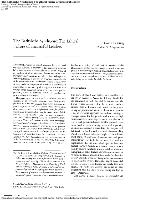 (PDF) The Bathsheba Syndrome: The ethical failure of successful leaders