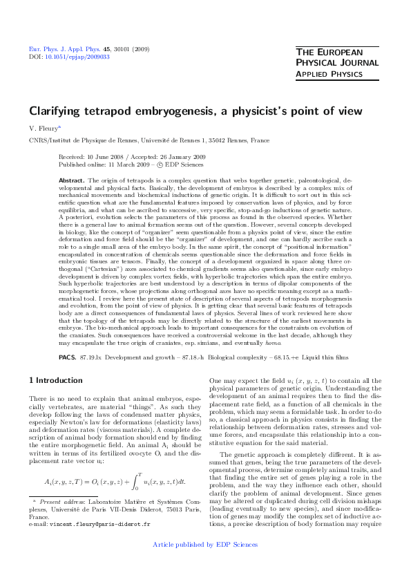 (PDF) Clarifying tetrapod embryogenesis, a physicist's point of view