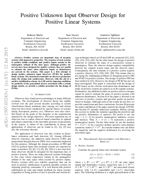 (PDF) Positive unknown input observer design for positive linear systems